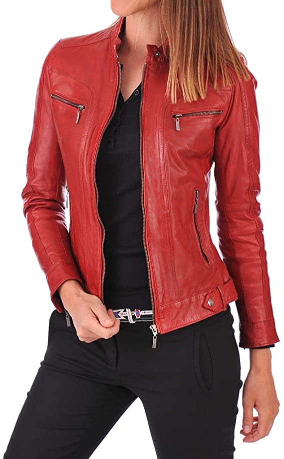 Women's Lambskin Leather Bomber Biker Jacket - WF Shopping