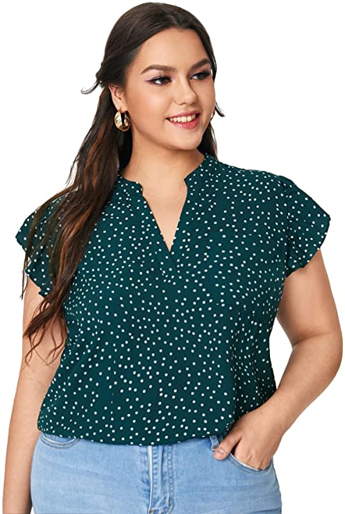 Women's Plus Size Polka Dots Notched V Neck Ruffle Cap Sleeve Blouse ...