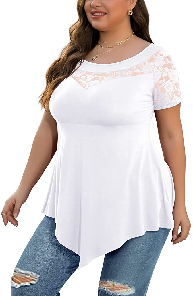 Womens Plus Size Tops Casual Blouses Short Sleeve Lace Tunics - WF Shopping