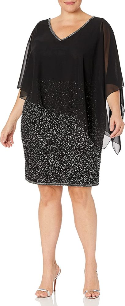 J Kara Women's Plus Size Caplet V-Neck Short Cocktail Beaded Dress - WF ...