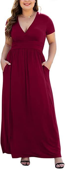 Women's L-5XL Short/Long Sleeve V-Neck Plus Size Casual Maxi Dresses - WF Shopping
