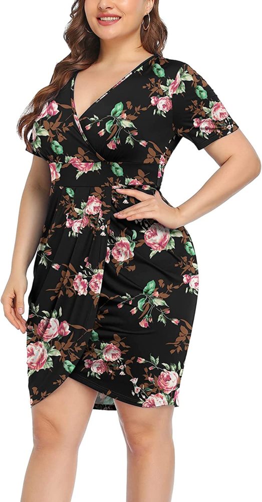 Womens Plus Size Short Sleeve Deep V Neck Bodycon Wrap Dress - WF Shopping
