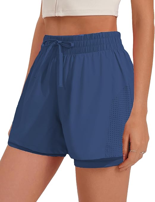 PINSPARK Athletic Shorts for Women 2 in 1 Workout Shorts High Waisted Running Shorts Gym Quick ...