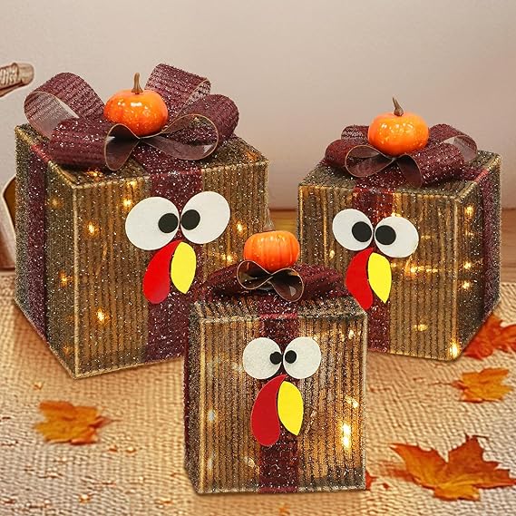 [Timer & 8 Modes]3Pack Turkey Thanksgiving Lighted Gift Boxes with 3D ...
