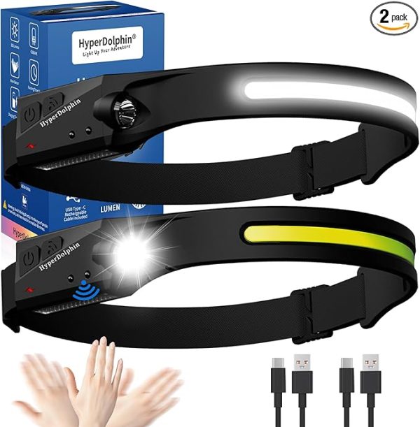 2-Pack Rechargeable Headlamp, LED Waterproof Headlight, 230° Headband ...