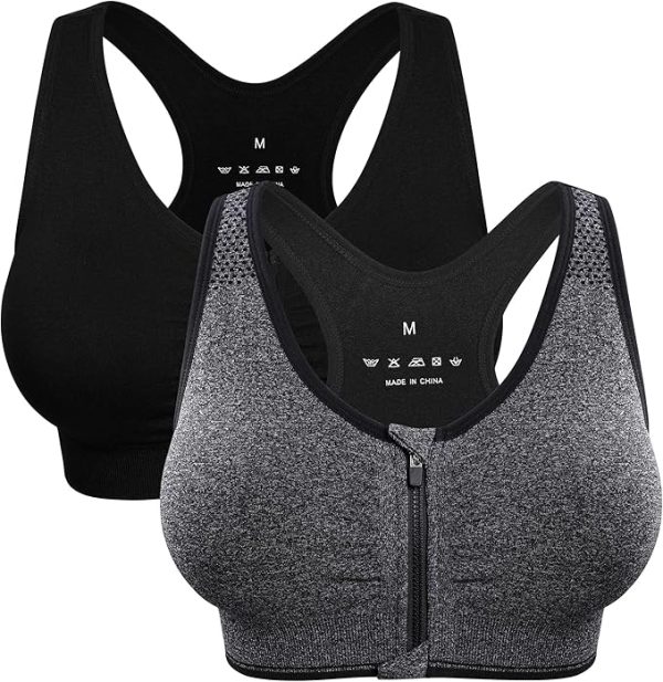 Women's Zip Front Sports Bra Wireless Post-Surgery Bra Active Yoga ...